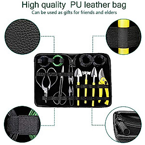 MOSFiATA Bonsai Tools Set 13 Pcs High Carbon Steel Succulent Gardening Trimming Tools Set Include Pruning Shears, Scissors, Mini Rake, Round and Pointed Shovel &Training Wire in PU Leather Bag