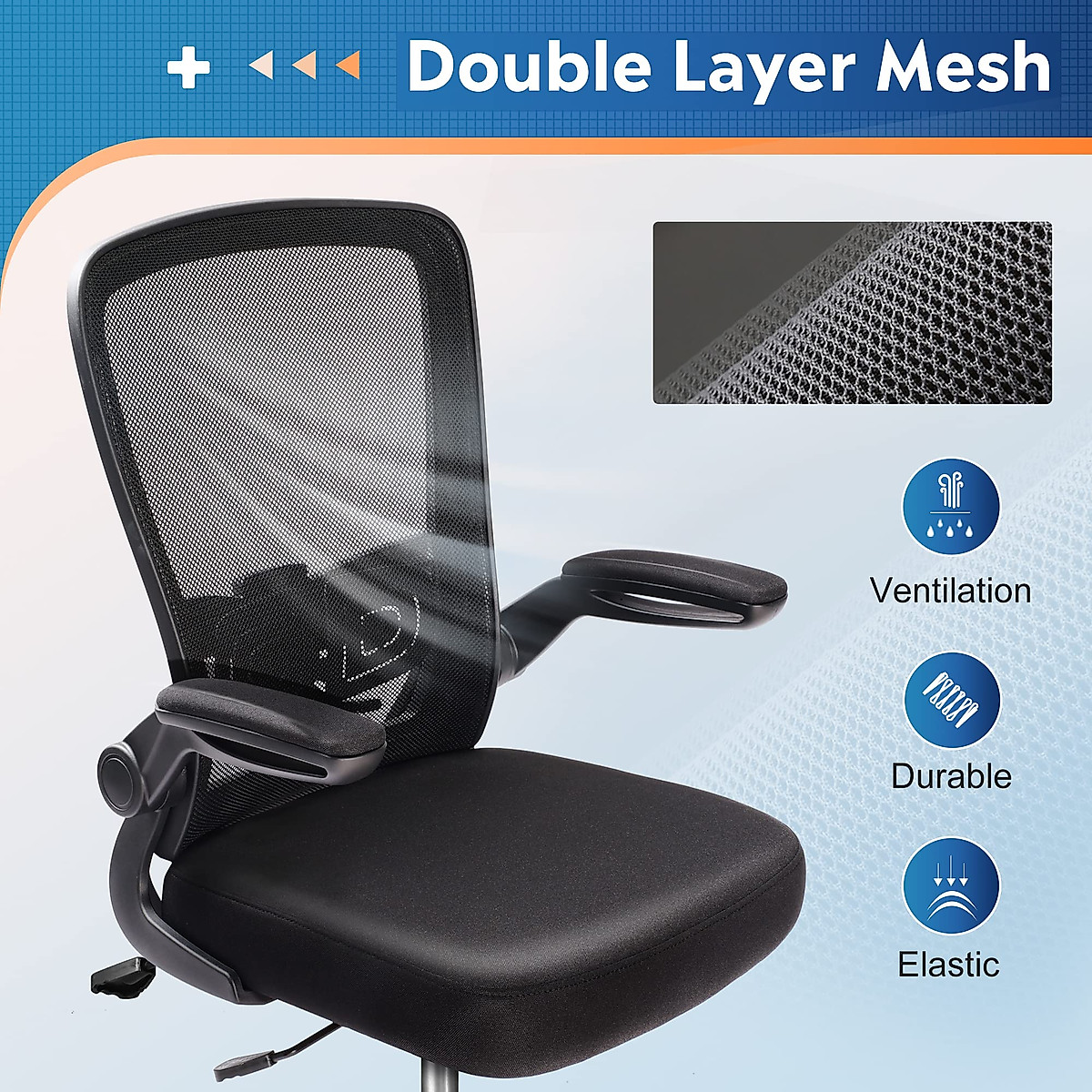 DEVAISE Mesh Office Chair, Ergonomic Computer Chair with Flip-up Arms and Lumbar Support, Tall Adjustable Desk Chair 300 lb Capacity, Black