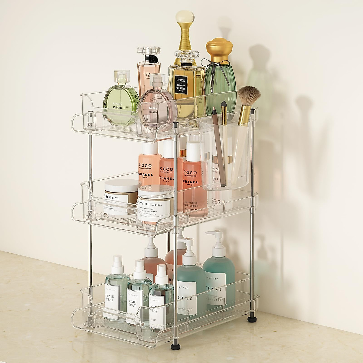 REALINN 3 Tier Clear Organizer with Dividers for Counter/Cabinet, Pull-Out Storage Container - Bathroom, Vanity Makeup, Kitchen, Pantry Organizer