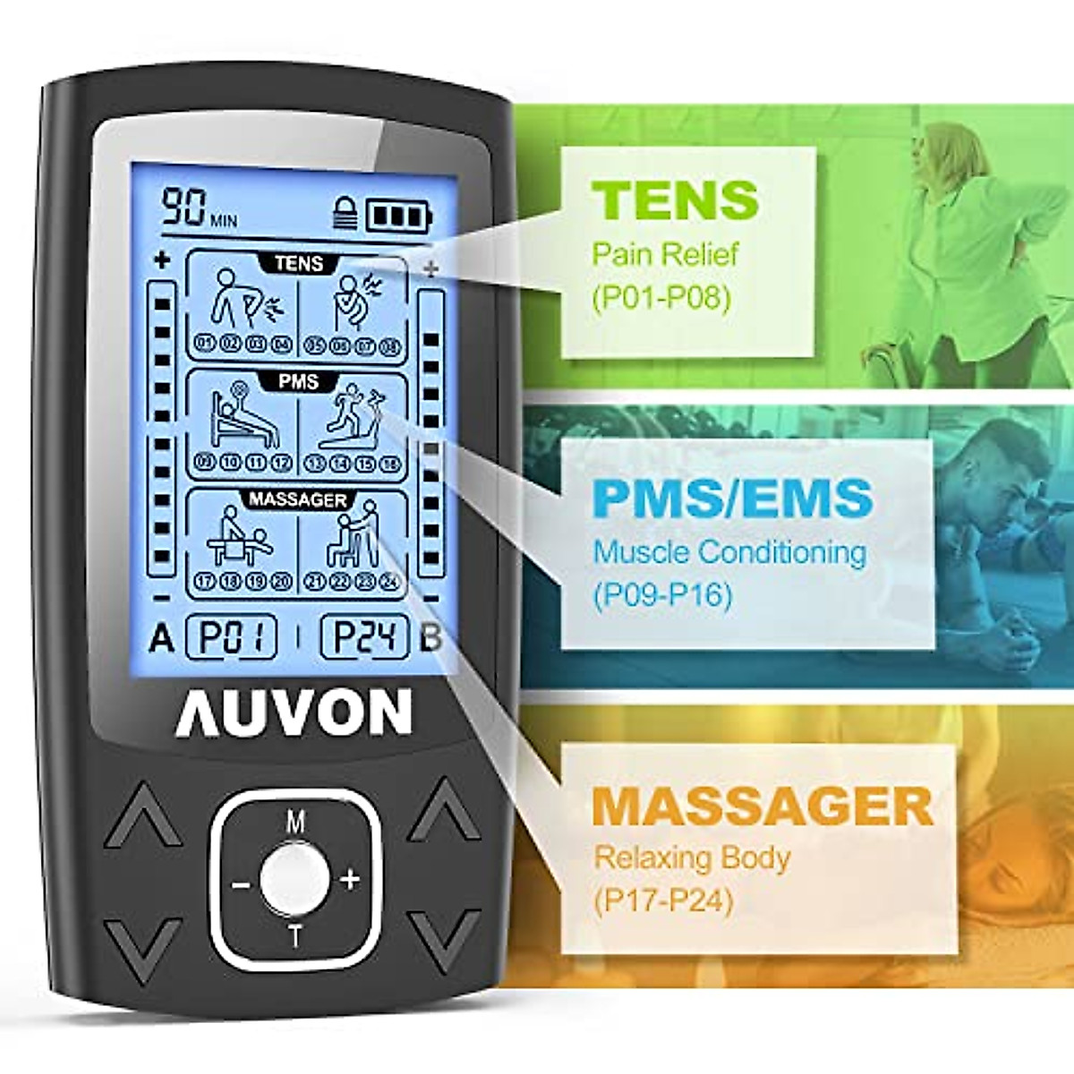 AUVON Dual Channel TENS EMS Unit 24 Modes Muscle Stimulator for Pain Relief, Rechargeable TENS Machine Massager with 12 Pads, ABS Pads Holder, USB Cable and Dust-Proof Storage Bag