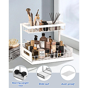 Merrylun Under Sink Organizers, 2 Pack Metal Pull Out Under Sink Organizers and Storage Shelves with Sliding Drawer, Under Sink Storage for Kitchen, Bathroom, White, 2 Pack…