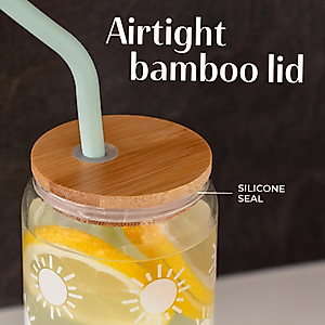 Drinking Glasses with Bamboo Lids - 16oz Glass Cups with Airtight Lid and Wide Silicone Straws - Set of Four - Can Shape Glassware with Fun Designs