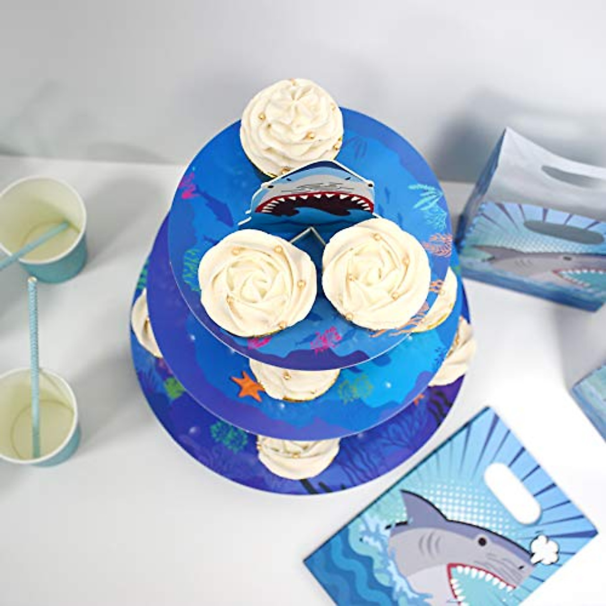 Cardboard Ocean Shark Cake Stands 3 Tire Cupcake Stands Mini Cake Stand Reusable Kid Birthday Baby Shower Party Supplies Dessert Stand…