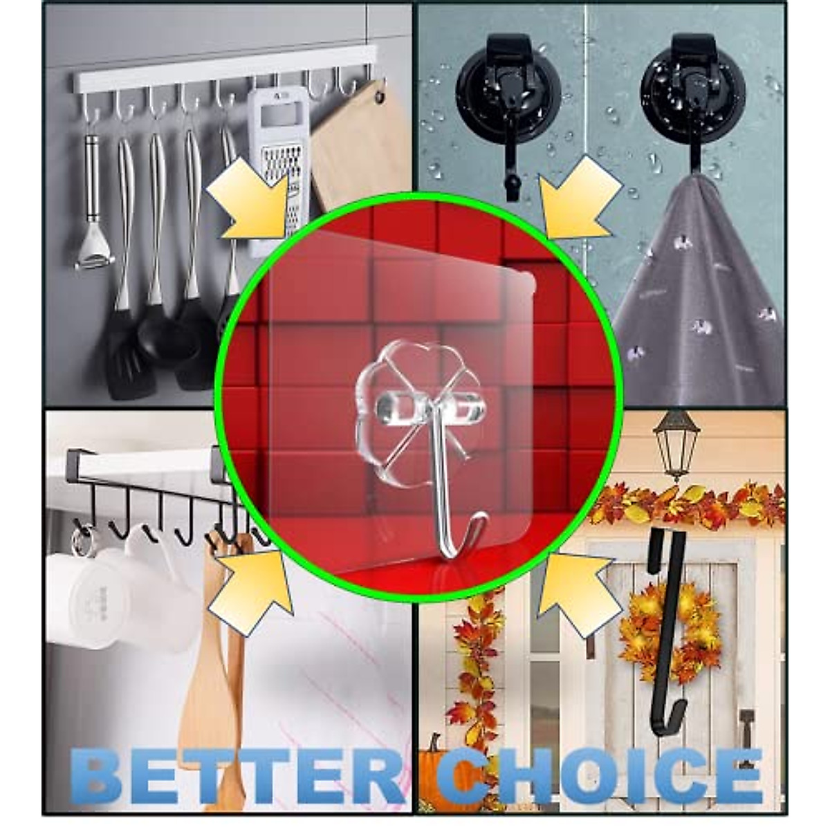 QUALIALL Adhesive Hooks, 20 Packs, 33lbs/15kg Premium Heavy Duty Wall Ceiling Hooks for Hanging, Damage Free, Clear Sticky Hanger for Kitchen, Bathroom Shower Outdoor Use.