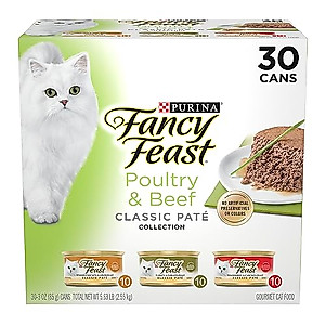 Fancy Feast Poultry and Beef Feast Classic Pate Collection Grain Free Wet Cat Food Variety Pack - (30) 3 oz. Cans