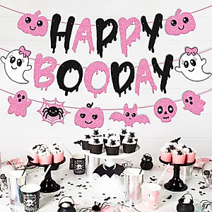 Happy Boo Day Banner Pink Black Halloween Ghost Bat Little Boo Themed for Girl Halloween Happy Boo Day Baby Shower Party Supplies Glitter Halloween Decorations