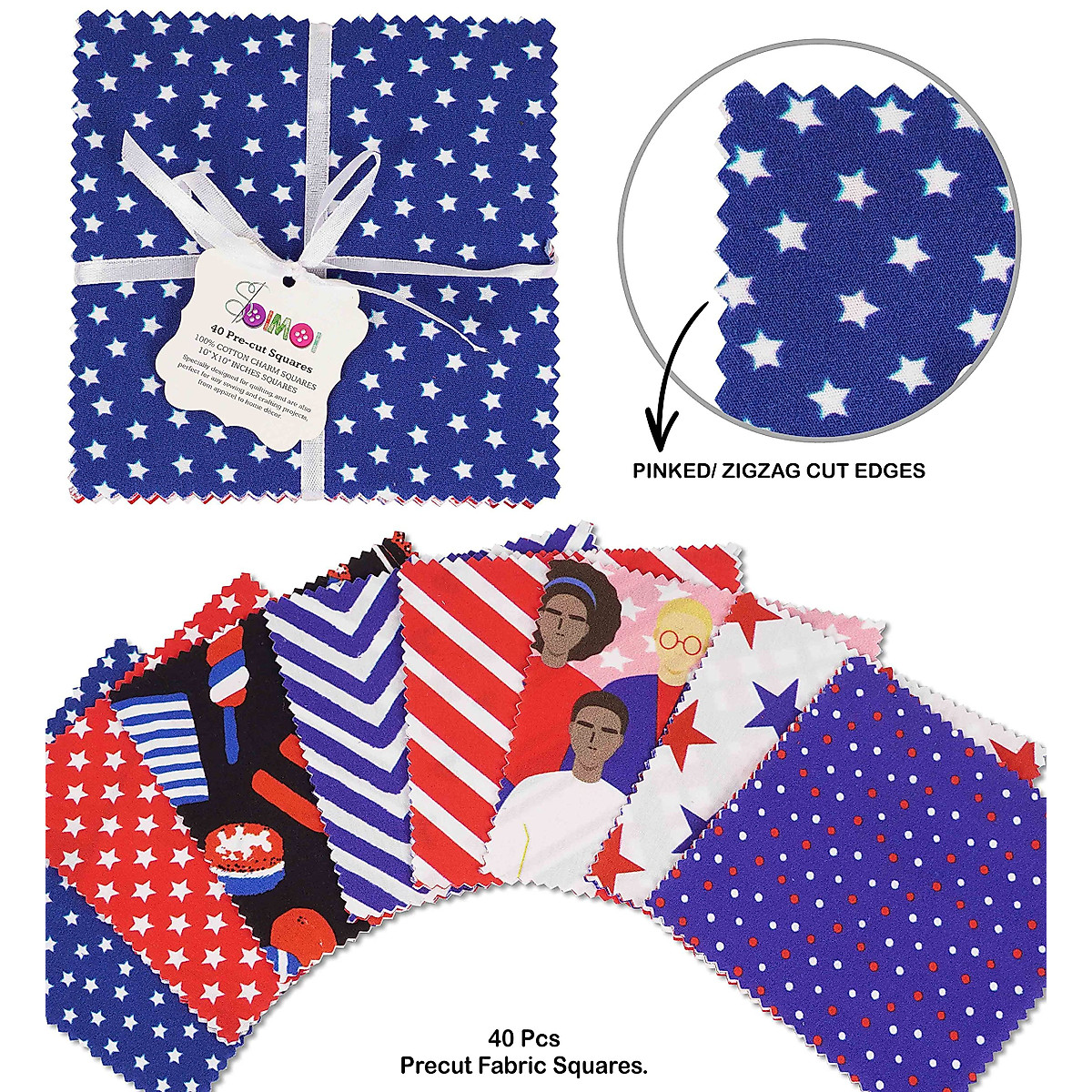 Soimoi Precut 10-inch American Flag Prints Cotton Fabric Bundle Quilting Squares Charm Pack DIY Patchwork Sewing Craft- Red, Blue & White
