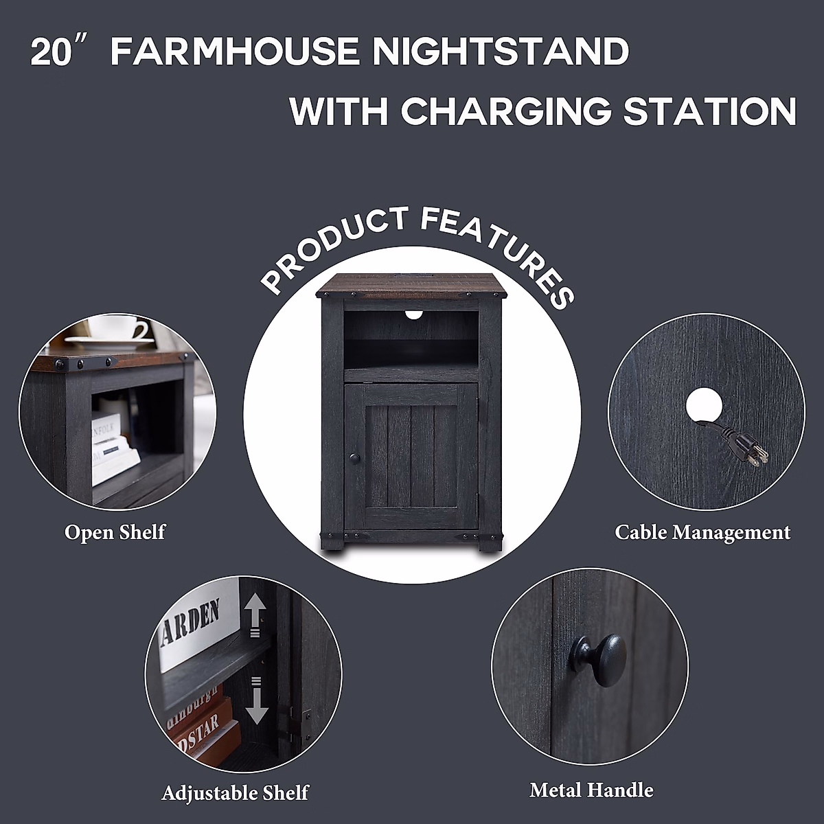 IFGET Farmhouse End Table with Charging Station, 20" Nightstand w/Groove Barn Door, Rustic Wood Bedside Table, Side Table with Storage w/Open & Adjustable Shelf for Bedroom, Living Room (Dark Grey)