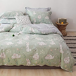 BlueBlue Rabbit Kids Duvet Cover Set, 100% Cotton Bedding for Boys Girls Teens Single Bed, Cartoon White Rabbit Flower Pattern Print on Light Green, 1 Comforter Cover 2 Pillowcase (Twin, Cute Rabbit)