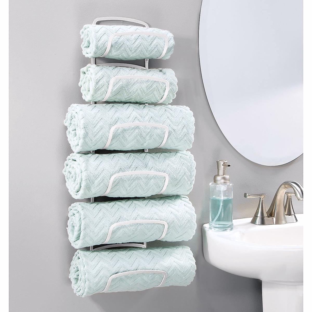 mDesign Steel Towel Holder for Bathroom Wall - Wall Mounted Organizer for Rolled Towels and Bath Robes - Six Level Wall Mount Towel Storage Rack - Bathroom Towel Organizer - Hyde Collection - White