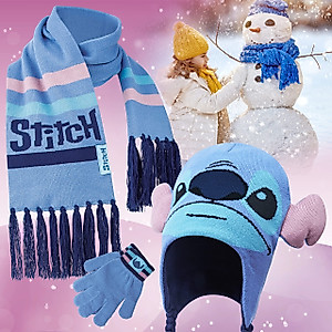 Disney Stitch Girls Beanie Scarf Teenagers Kids Gloves Winter Accessories Stitch Gifts, Different Sets to Choose (Blue Stitch 3 Pcs)
