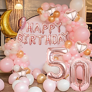 Rose Gold Happy Birthday Balloons Banner, 50th Birthday Decorations 16 Inch Mylar Foil Letters Sign Balloons Banner for Fifty Year Old Birthday Party Supplies (50th)