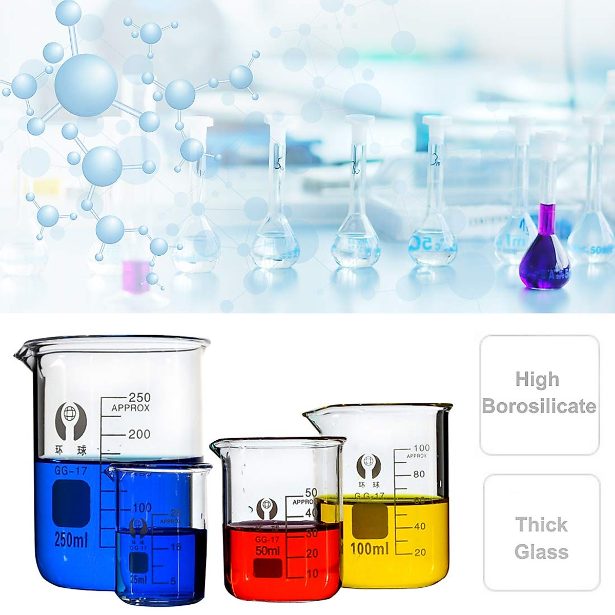 Glass Beakers Set, ZEEROQOLAB 5pcs Measuring Pyrex Beaker 1000ml 500ml 250ml 100ml 50ml with 2pcs Cleaning Brush, 3pcs Droppers and 2pcs Glass Stirring Rods