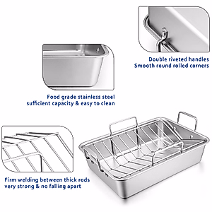 Stainless Steel Roasting Pan with Rack, HaSteeL Large 15.2In Lasagna Roaster Pan, Baking Rack, V-shaped Rack & 8In Basting Brush, Great for Turkey/Chicken/Veggies, Heavy Duty & Dishwasher Safe - 4Pcs