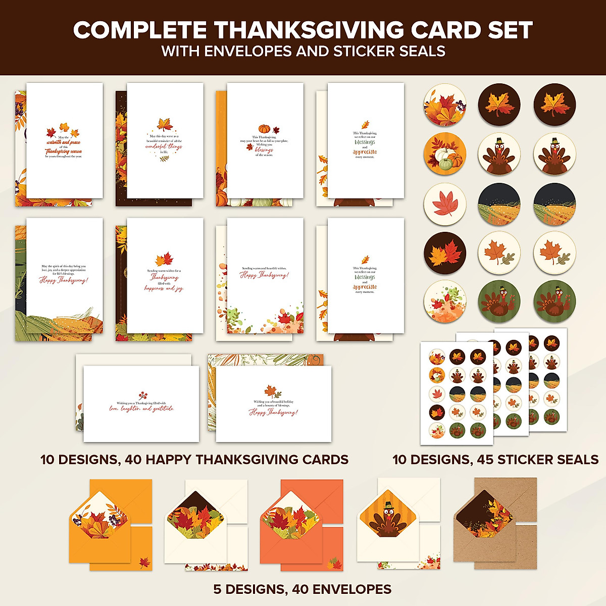 Decorably 40 Pack Foiled & Glittery Happy Thanksgiving Cards with Envelopes & Stickers - 10 Designs with Printed Message Inside Thanksgiving Greeting Cards with Envelopes, 4x6in Thanksgiving Cards Pack