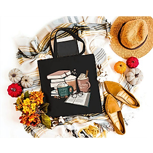 GXVUIS Coffee And Books Canvas Tote Bag for Women Aesthetic Hand Drawn Graphic Reusable Grocery Shoulder Shopping Bags Black