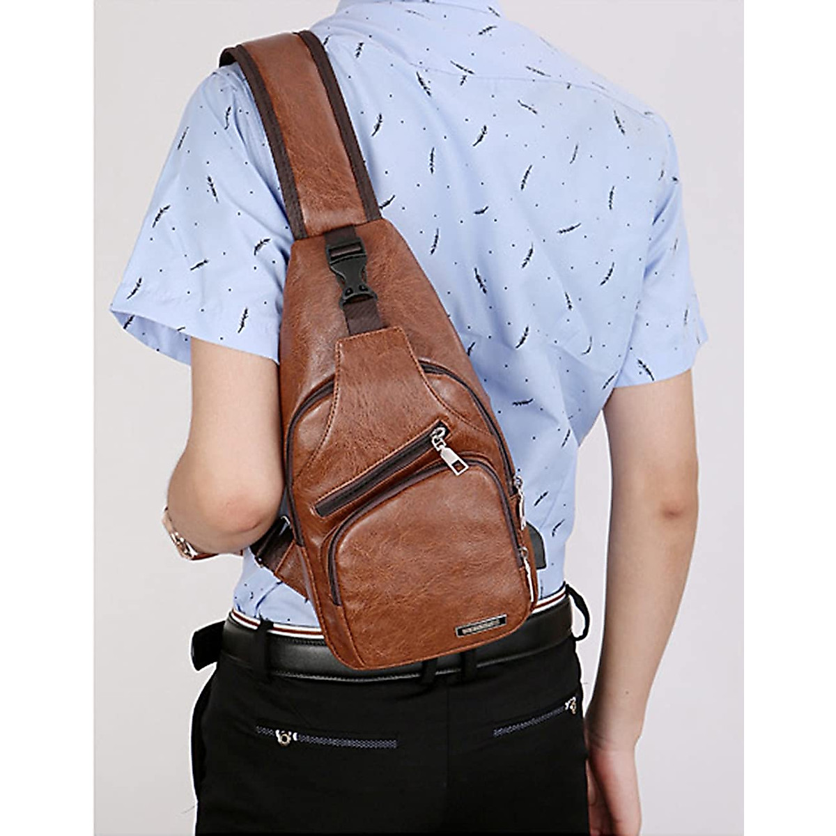 AOLIDA QICHUANG Men Sling Bag Leather Unbalance Chest Shoulder Bags Casual Crossbody Bag Gift for Men (brown)