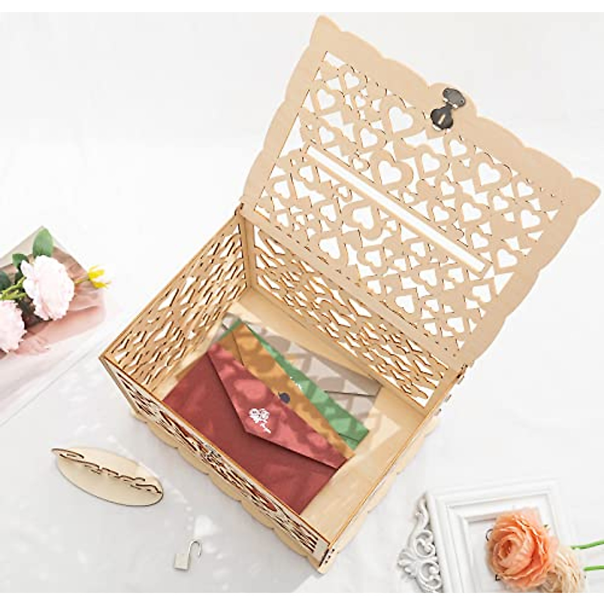 Yukawang Wedding Card Box with Lock Wooden Memory Keepsake Decoration Envelope Boxes for Cards and Money Baby Shower Engagement Decor Gift Card Box ( MR & MRS Heart Beige)