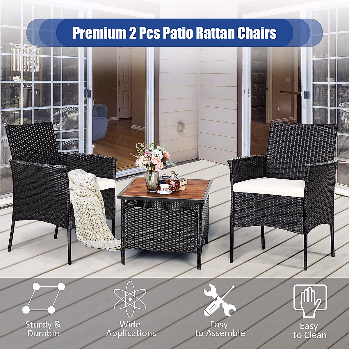 Tangkula 2 Pieces Patio Wicker Chair, Outdoor PE Rattan Armchairs with Removable Cushions, Patio Dining Resin Wicker Chairs for Garden, Poolside, Lawn, Porch and Backyard (Black)
