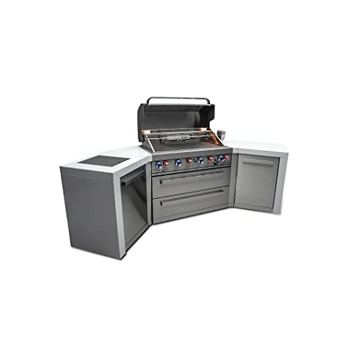Mont Alpi 44-Inch MAi805-D45 Deluxe 45 Degree 6-Burner 115000 BTU Deluxe Stainless Steel Island Outdoor Kitchen Gas Barbecue Grill w/Granite Countertops & Sides + Storage Drawers & Cabinets