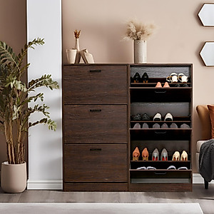 KUMIUNION Shoe Storage Cabinet with 3 Flip Drawers, Freestanding Storage Racks for Entryway Hidden Narrow Shoe Organizers Perfect for Heels, Boots, Slippers, Walnut Brown