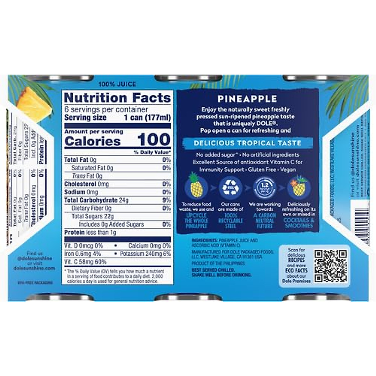 Dole 100% Pineapple Juice, No Added Sugar, Excellent Source of Vitamin C, 100% Fruit Juice, 6 Fl Oz (Pack of 6), Packaging May Vary