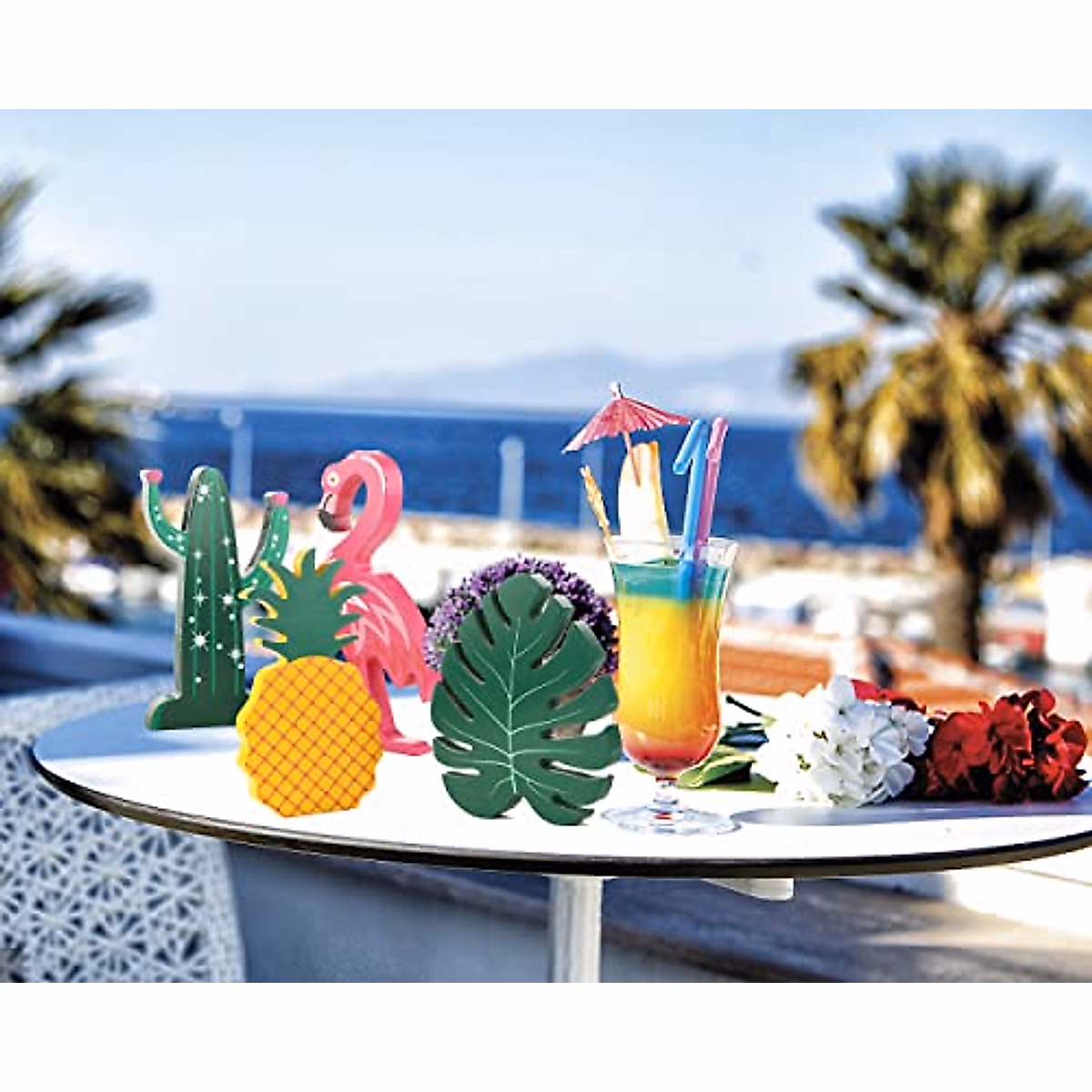 Summer Wooden Signs Hawaii Luau Party Wooden Blocks Summer Home Decorations Tropical Cactus Flamingo Pineapple Monstera Wood Table Centerpiece for Summer Home Table Luau Party, 4 PCS