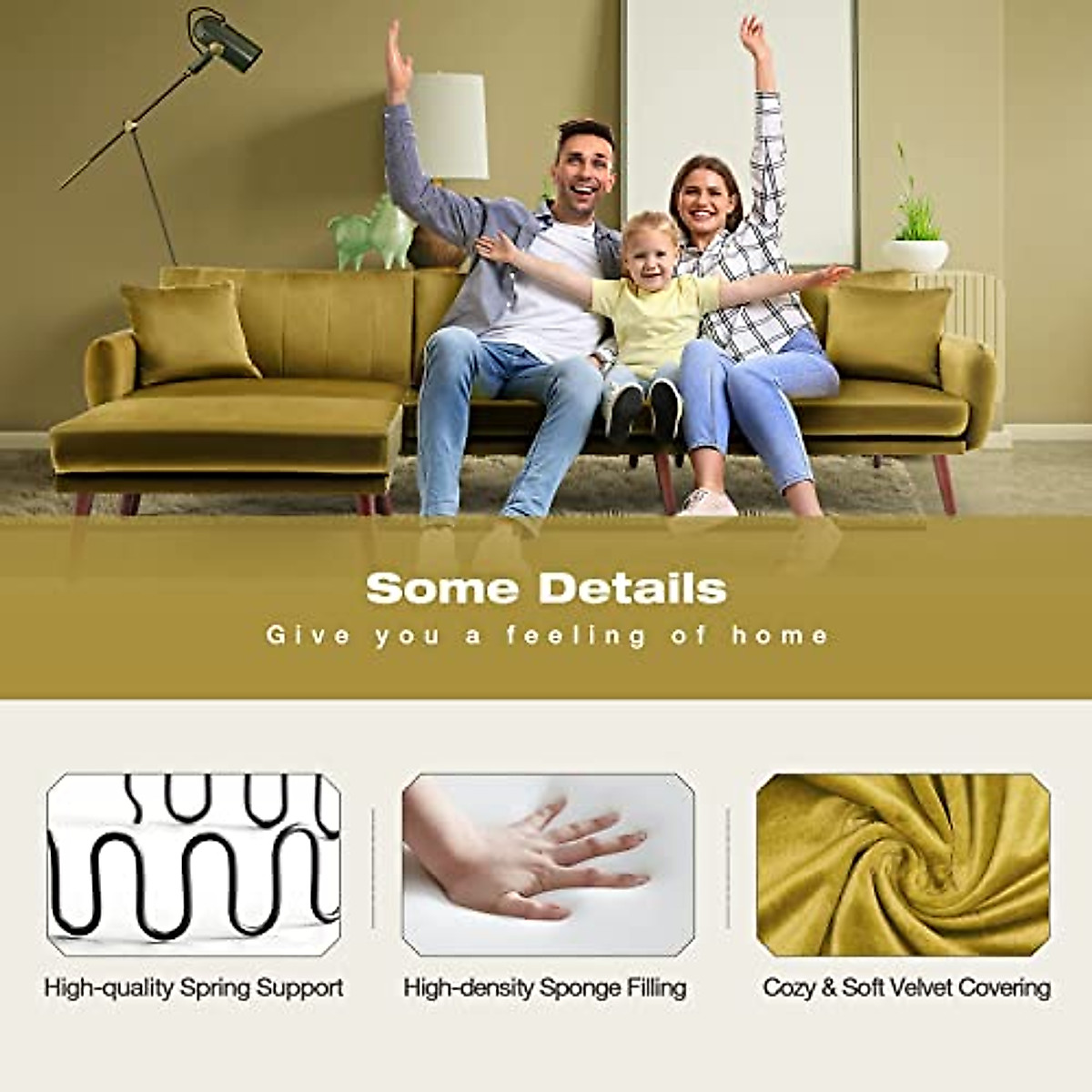 JOMEED Convertible Sectional Sofa Couch, Modern Oversized Velvet Fabric L-Shaped Couch Sofa Bed with Adjustable Backrest for Living Room, Apartment