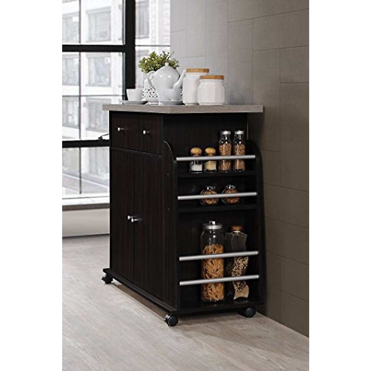 Hodedah Import Kitchen Island with Spice Rack and Towel Rack, Chocolate