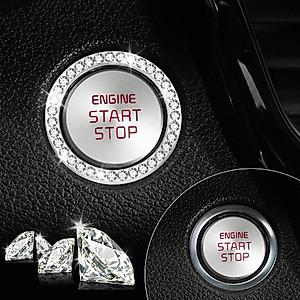 LivTee 2 PCS Crystal Rhinestone Car Engine Stop Decoration Ring, Bling Interior Accessories for Women, Push to Start Button Cover/Sticker, Key Ignition & Knob, White