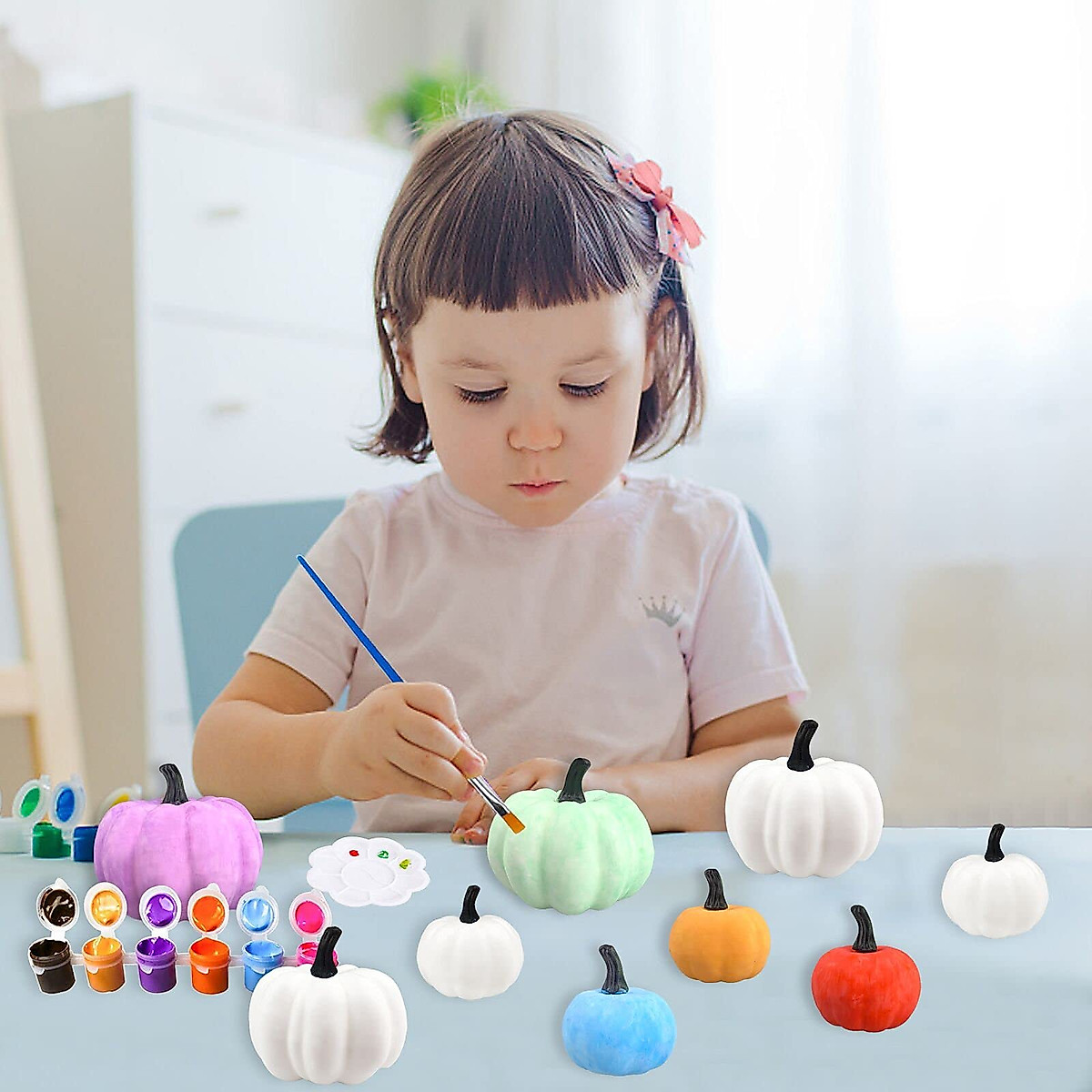 JIABNUKKN Pumpkin Decorations Halloween Crafts for Kids 10Pcs Paint Your Own Artificial Pumpkin White Plastic Pumpkin Decorating Kit Gift Toys for Kids DIY Halloween Thanksgiving Fall Pumpkin Decor