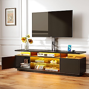 Rolanstar TV Stand with Mount and Power Outlet 51.2", Swivel TV Stand Mount for 32/45/55/60/65/70 inch TVs, Height Adjustable Modern Entertainment Center with Storage & LED Lights, TV Table Black