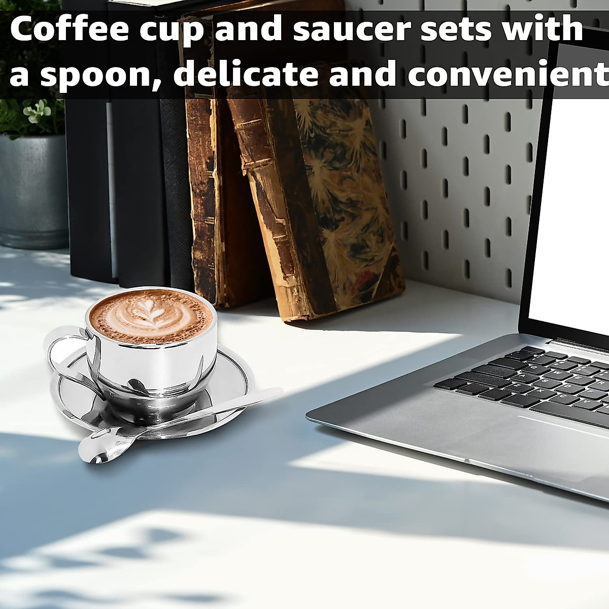 Insulated Coffee Cup with Saucer and Spoon - Dual Wall Stainless Steel Mug, Latte, Espresso, Cappuccino, Milk Drinkware, Double Layer Shatterproof Cup with Handle - 125 ml, 4.2 oz