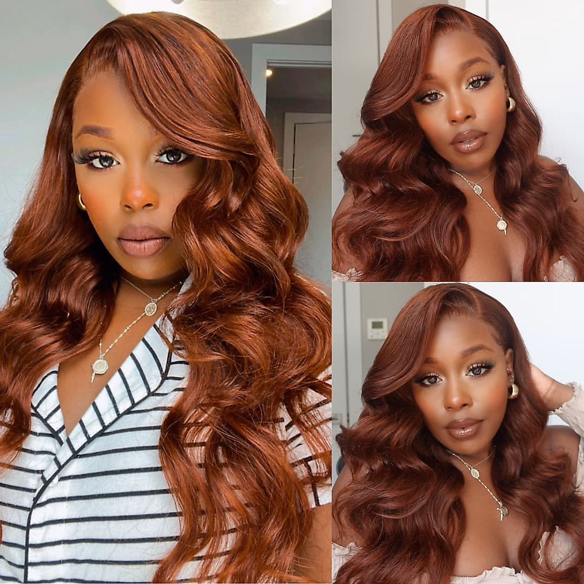 Nadula 12A Reddish Brown Body Wave Human Hair Weave 3 Bundles for Women, 16 18 20inch Brazilian Virgin Remy Hair Bundles Auburn Brown Copper Red Colored Human Hair Wavy Weaves Extensions 33B Color