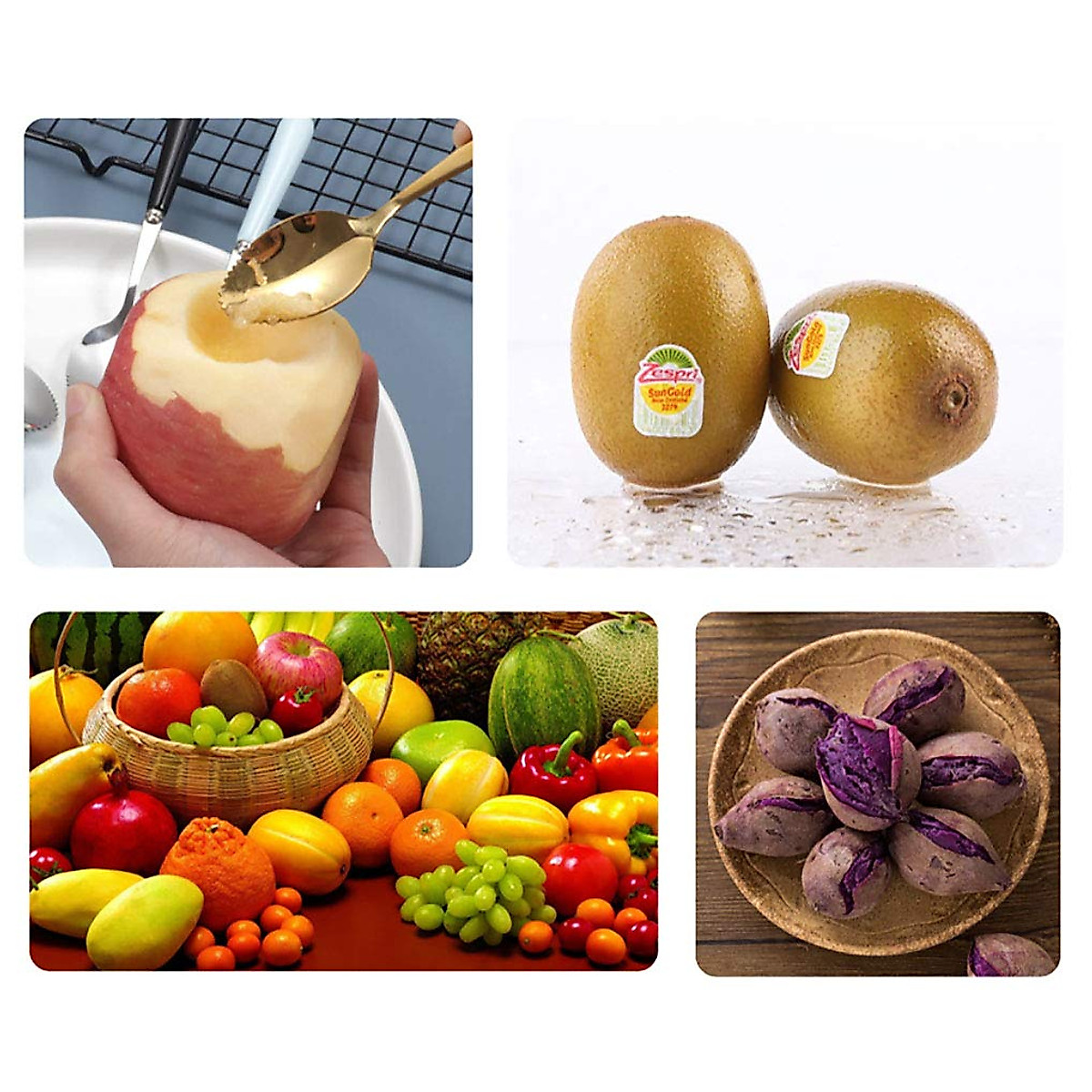 Goeielewe Set of 6 Grapefruit Spoons with Round Serrated Edges, Stainless Steel Serrated Spoon with Multicolor Ceramic Handle, Kiwi Apple Citrus Fruit, Dessert Spoon Sets (Silver)