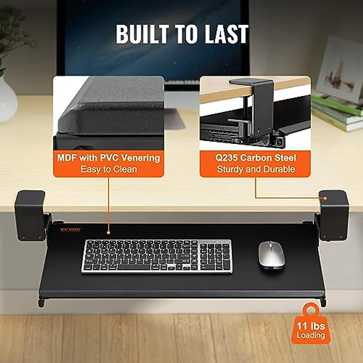 VEVOR Clamp on Keyboard Tray Under Desk, Desk Keyboard Tray Slide Out with Sturdy No-Drill C Clamp Mount, Large 26.8 x 11 inch Slide-Out Computer Drawer for Typing in Home, Office Work