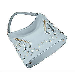 Mellow World Monserrat Floral Studded Slouchy Motor Style Hobo Handbag for Women with Removable Strap,Seafoam