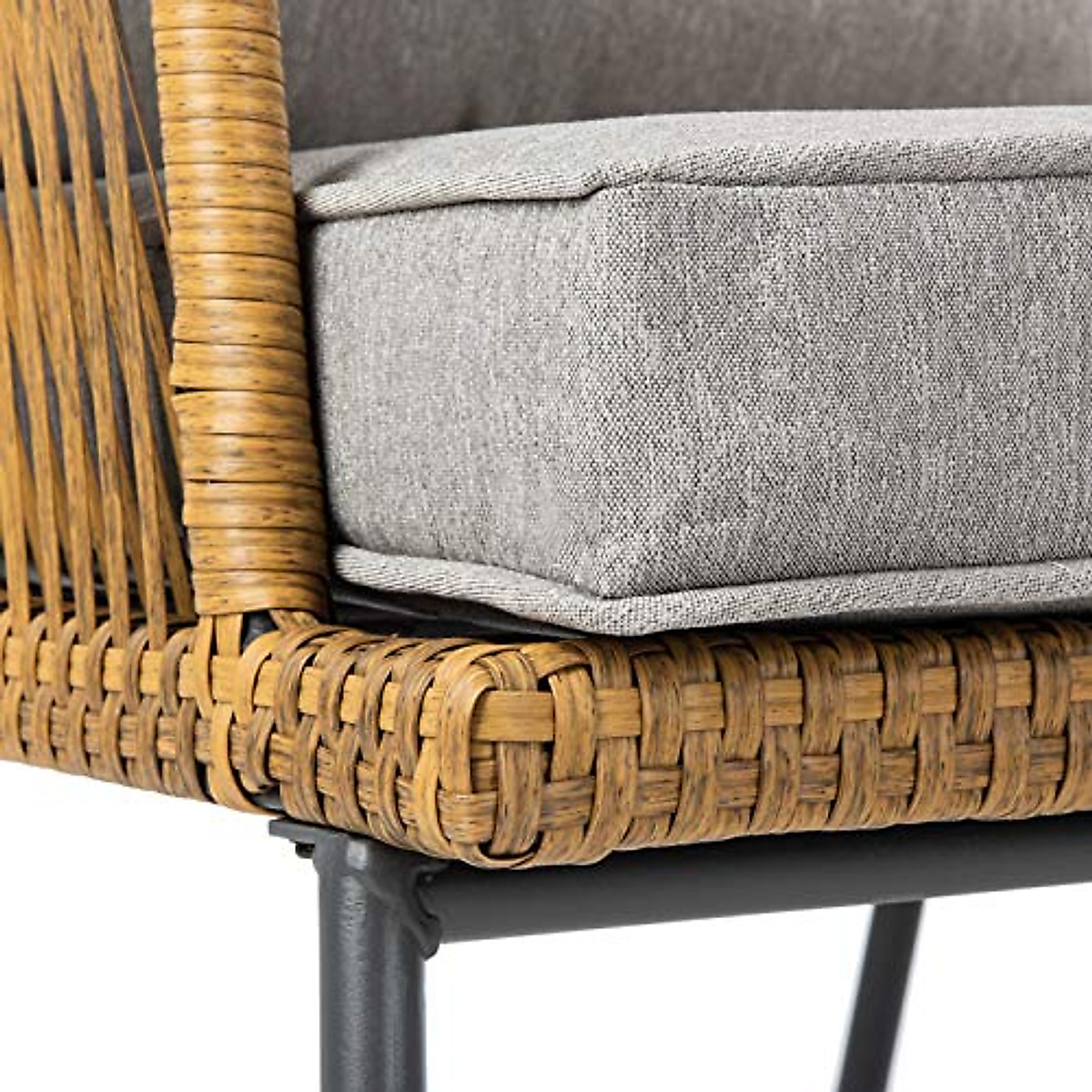 SAFAVIEH Outdoor Collection Jensen Natural Brown Rattan/Grey Seat Cushion 3-Piece Patio Lounge Bistro Set with Table (PAT9008A)