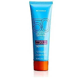 MDSolarSciences Mineral Moisture Defense SPF 50 Sunscreen for Body – Water-Resistant Broad-Spectrum UV Protection – Zinc Oxide Cream, Helps Restore Skin’s Natural Moisture Barrier, Sheer, 4 Fl Oz