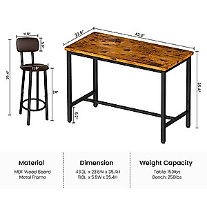 AWQM Bar Table and Chairs Set Industrial Counter Height Pub Table with 4 Chairs Bar Table Set 5 Pieces Dining Table Set Home Kitchen Breakfast Table, PU Upholstered Stools with Backrest, Rustic Brown