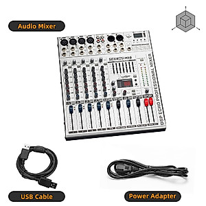 SENWOSI 6-Channel All-metal panel Audio Mixer, BT USB PC Recording Input, 16 DSP Effects, Stereo Equalizer,48V Power Supply,4 Mono 2 Stereo Input, Studio Or Live (MX-6)