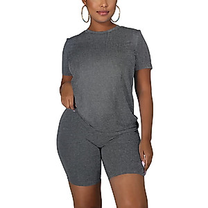 Kaximil Women's 2 Piece Club Outfits Casual Top T Shirt Biker Legging Shorts Set, Medium, Grey