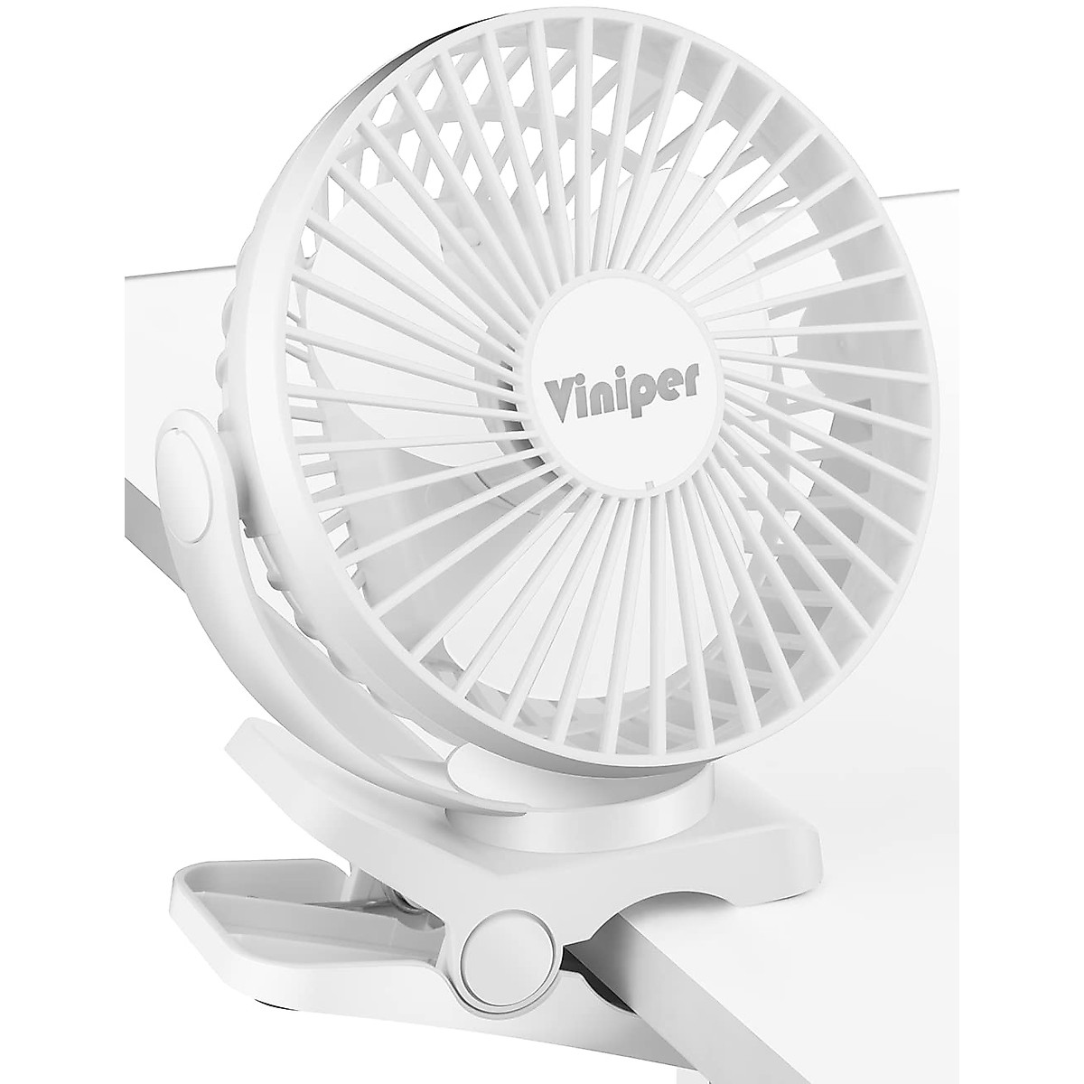 Viniper 6 inch Rechargeable Clip on Fan, 5000mah Battery Desk Fan : 360° Rotation & 3 Speeds Strong Wind Portable Fan, 8-30 Working Hours, Quiet and Powerful (White)