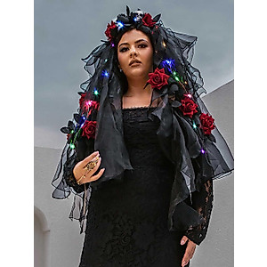 Unsutuo Led Day of the Dead Headband Veil Ligth Up Halloween Costume Headwear Gothic Skull Rose Headpiece Hair Accessories for Women