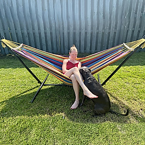 SZHLUX Double Hammock with Stand Included 450lb Capacity Steel Stand, Premium Carry Bag Included.Indoor Outdoor Brazilian-Style Cotton Bed for Backyard, Camping,Garden