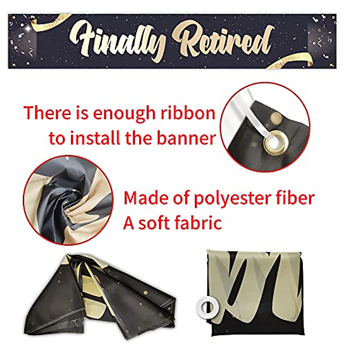 Finally Retired Large Banner, Happy Retirement Yard Sign Lawn Sign, Gold and Black Retirement Party Outdoor Indoor Backdrop 9.8 x 1.6 Feet