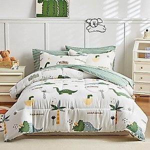 Joyreap Bed in a Bag Cotton, Dinosaur Theme Fresh Green, Twin Size 6-Piece Cotton Bedding Comforter Set for Kids Boys n Girls- 1 Comforter, 2 Pillow Shams, 1 Flat Sheet, 1 Fitted Sheet, 1 Pillowcase