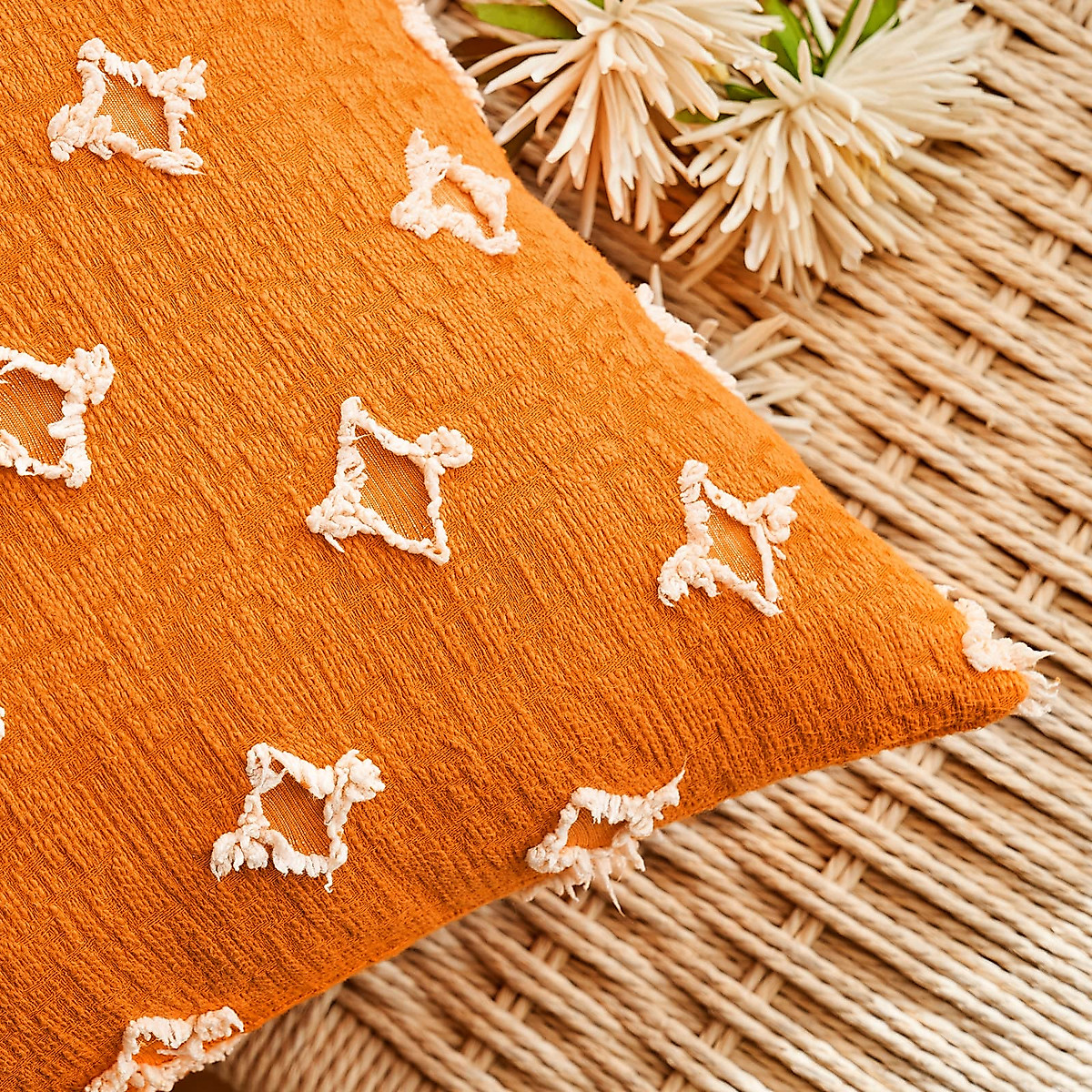 ANRODUO Pack of 2 Orange Pillow Covers Boho Decorative Throw Pillow Covers with Tufted Rhombic Jacquard for Fall Room Decor Decorations 20x20 Cute and Soft Pillowcase for Couch Sofa Bed Living Room