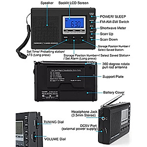 HanRongDa AM FM Shortwave Radio Portable with Excellent Reception and Backlit, Battery Operated Radios with Alarm Clock and Sleep Timer, Small Digital Tuner for Camping, Fishing, Traveling HRD-310