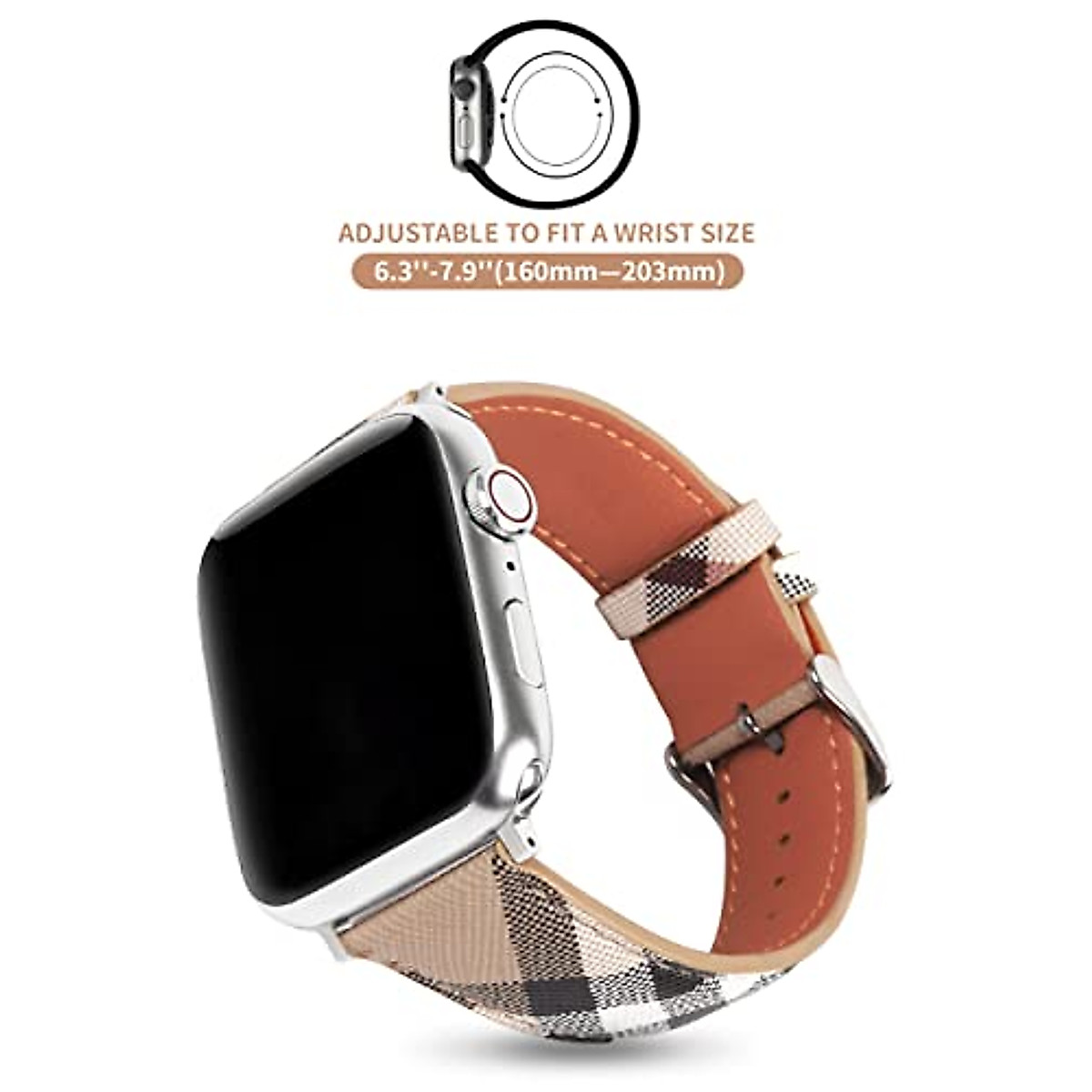 Designer Band Compatible with Apple Watch 41mm 40mm 38mm, Luxury Beige Plaid Elements Soft Leather iWatch Band with Classic Firmly Buckle for iWatch Series9/8/7/6/5/4/3/2/1/SE for Women/Man